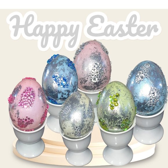 Hand Crafted | Holiday | Easter Eggs Set 6 Silver Leaf Camo Bling Eggs ...
